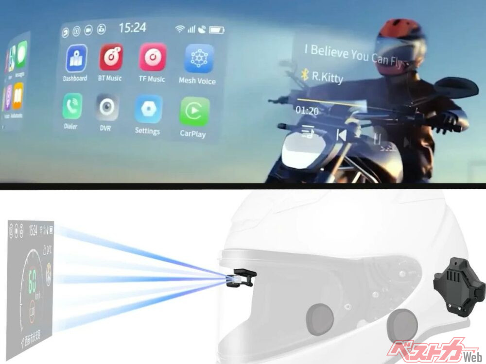 【近未来】ライダーの目の前にナビ画面や後方映像を“投影”！ カエディアが「ヘッドアップディスプレイ スマートレコードアイ KDR-BH2」を発表 - 自動車情報誌「ベストカー」